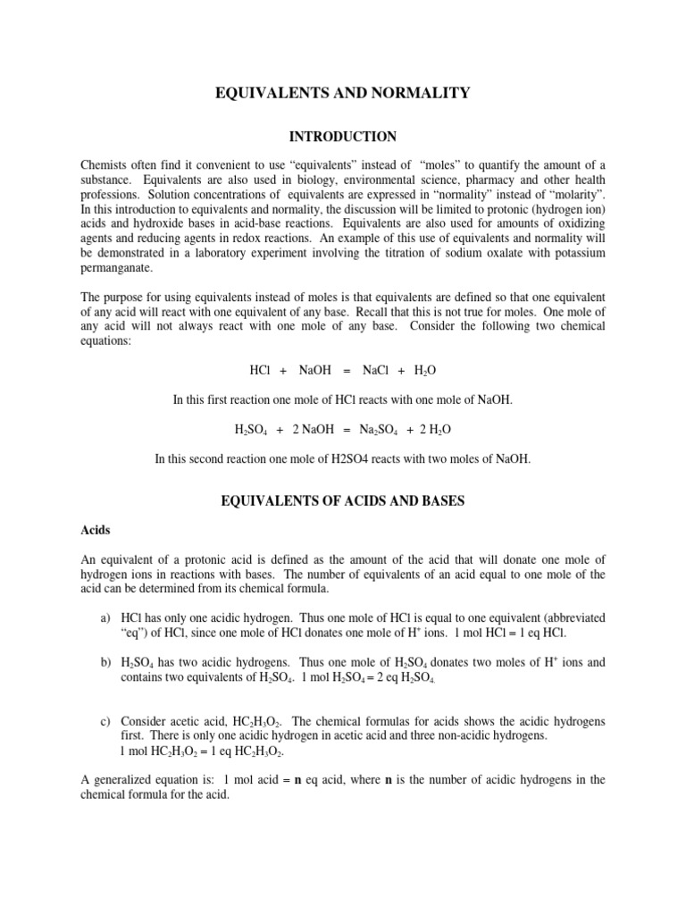 Understanding Equivalents and Normality | PDF | Acid | Mole (Unit)