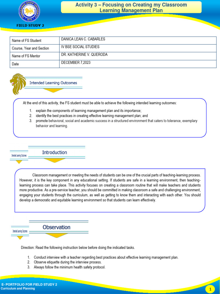 Classroom Learning Management Plan Guide | PDF | Learning | Motivational