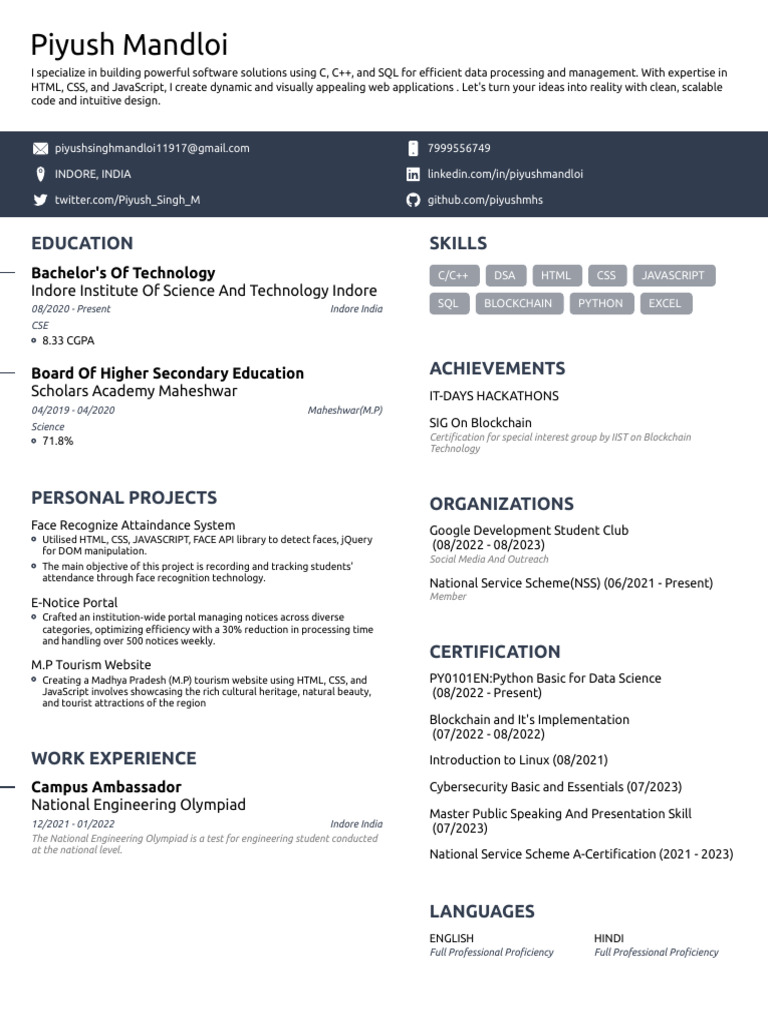 Piyush Mandloi Resume (T) | PDF | Java Script | J Query