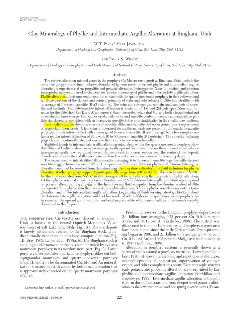 Clay Alteration in Bingham Porphyry Deposit | PDF | Minerals | Igneous Rock