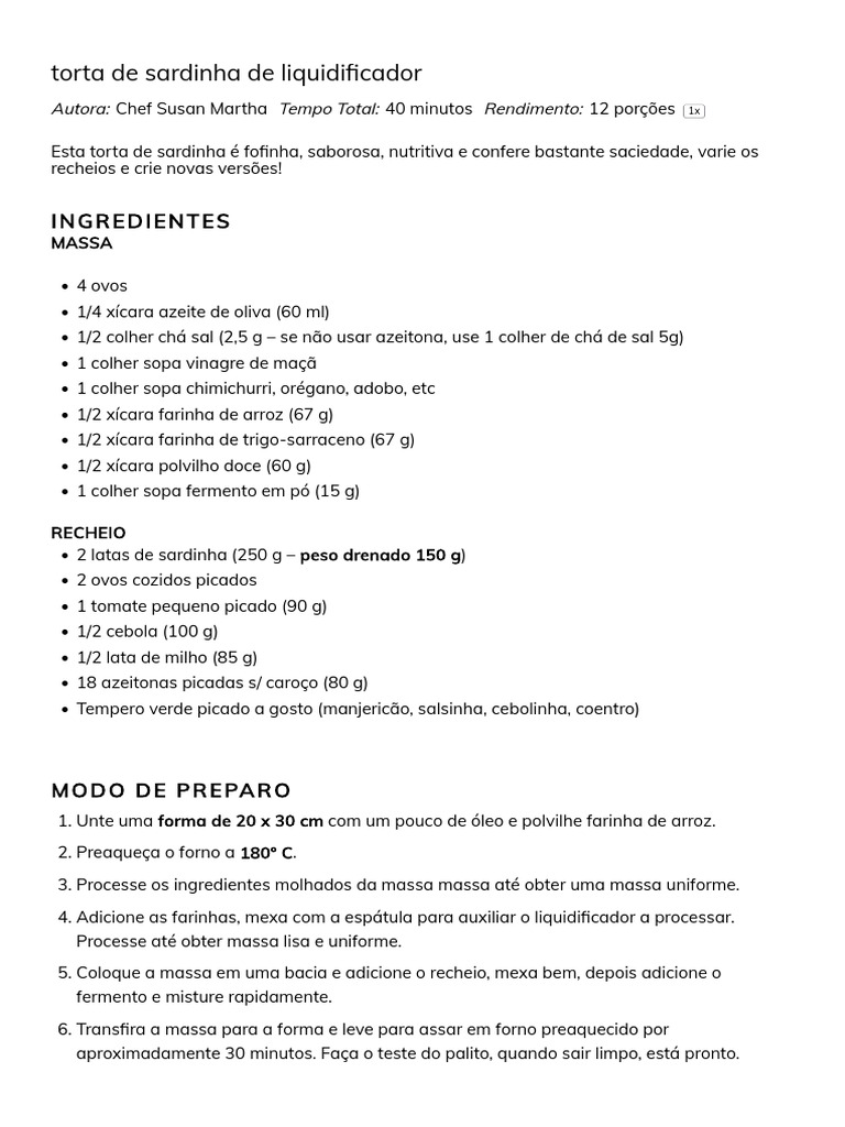 TORTA DE SARDINHA DE LIQUIDIFICADOR SEM TRIGO - Receitas Saudáveis Com ...