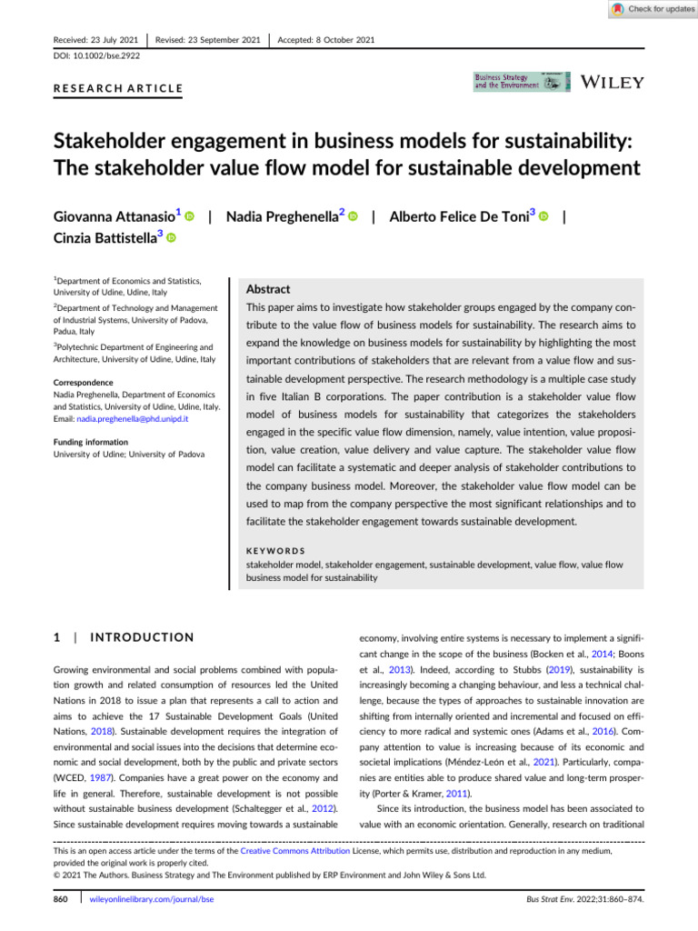 Bus Strat Env - 2021 - Attanasio - Stakeholder Engagement in Business ...
