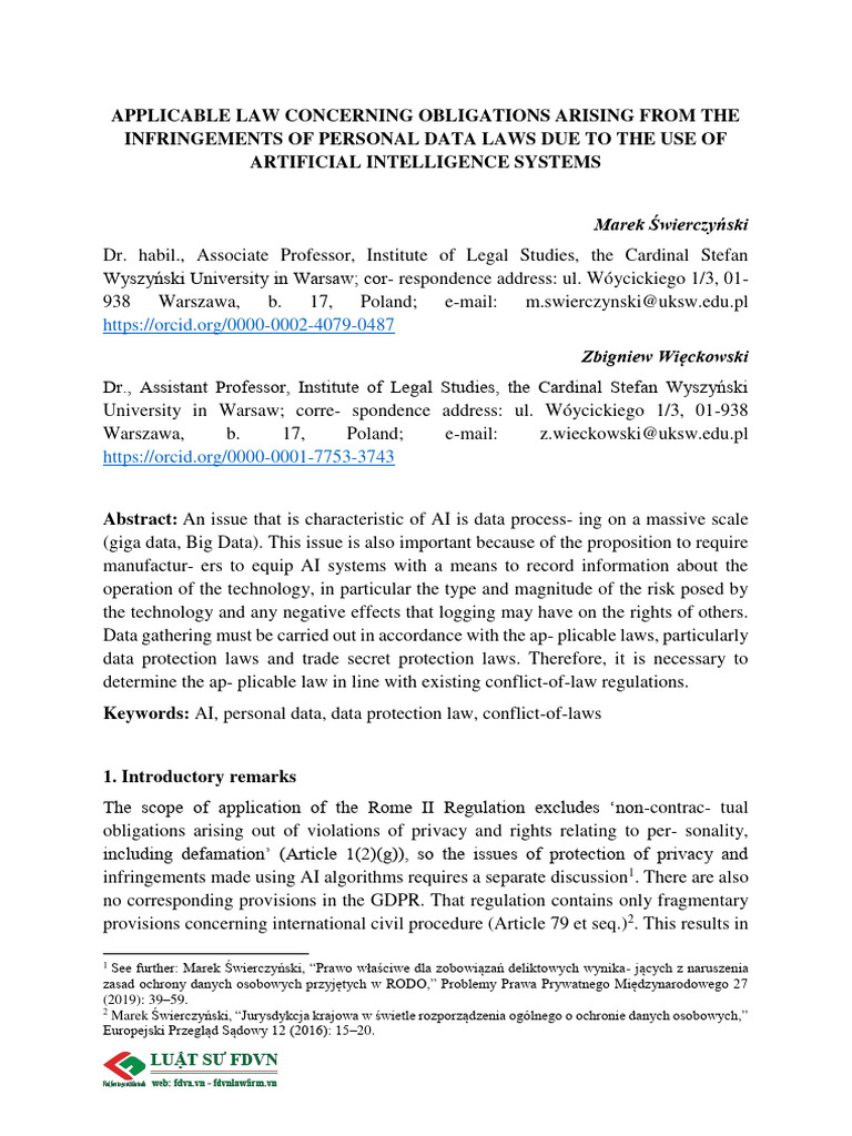 Applicable Law Concerning Obligations Arising From The Infringements of Personal Data Laws Due ...