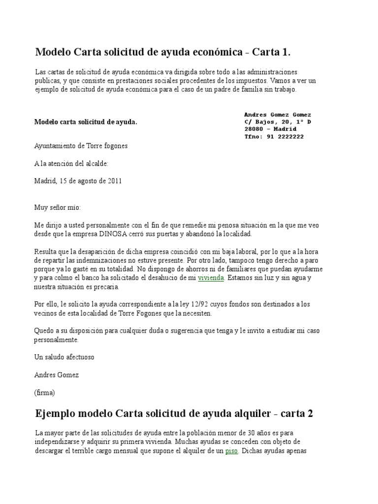 Modelo Carta Solicitud de Ayuda Económica | PDF | Madrid | Bancos Modelo Carta Solicitud de Ayuda Económica | PDF | Madrid | Bancos
