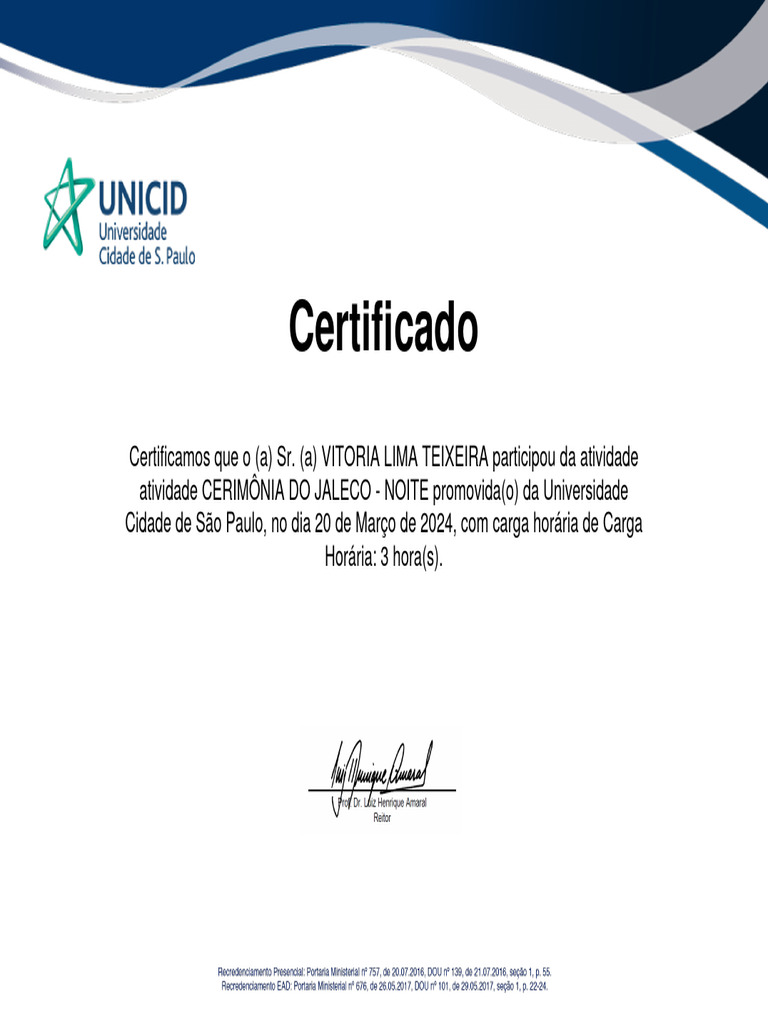 Certificado Extensao Unicid 2013 | PDF