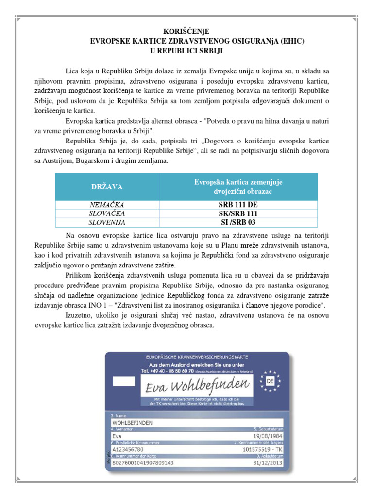 Koriscenje Evropske Kartice Zdravstvenog Osiguranja (EHIC) U Republici Srbiji | PDF