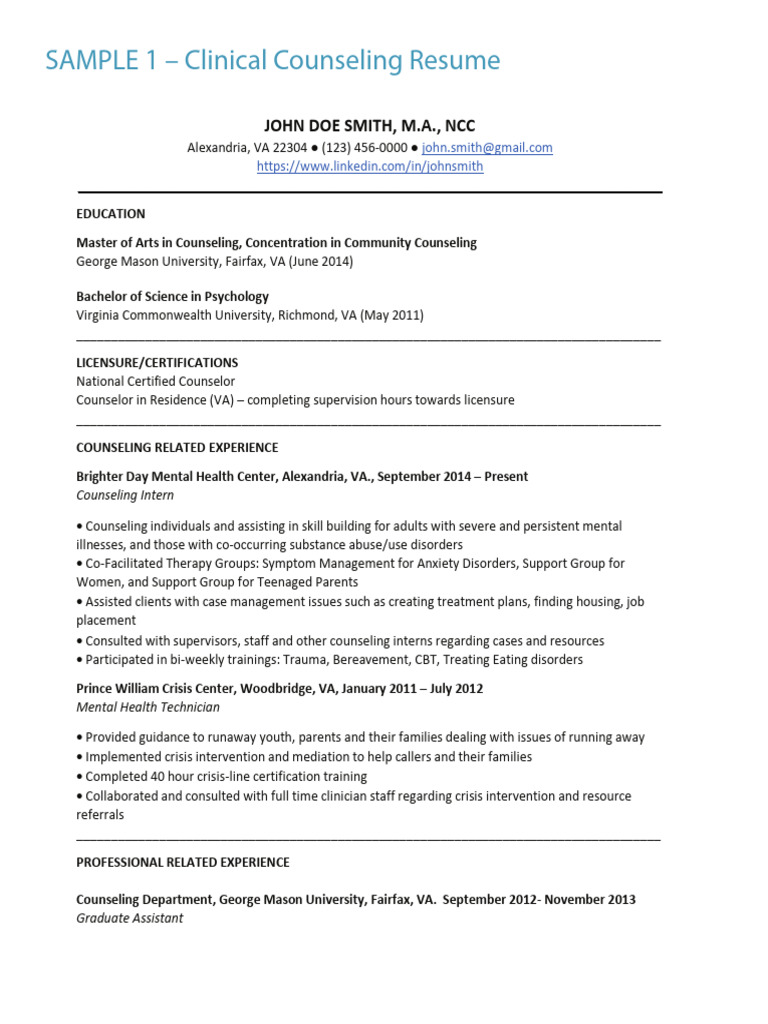 SAMPLE 2 - Clinical Counseling Resume | PDF | Counseling Psychology ...