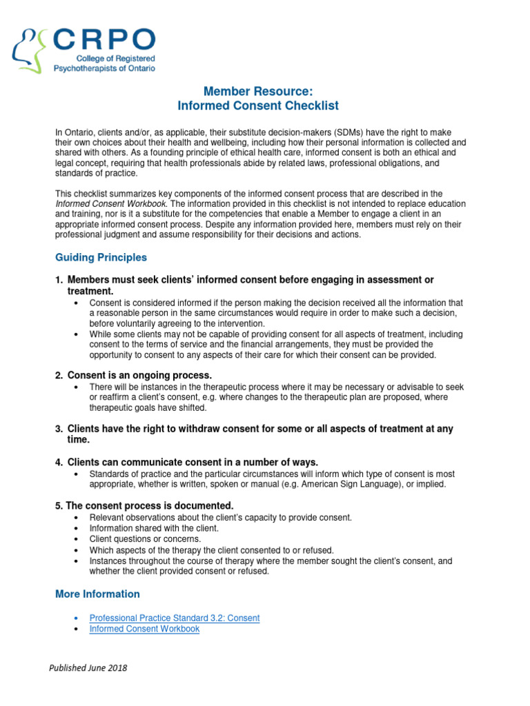 Informed Consent Checklist June 2018 | PDF | Informed Consent ...