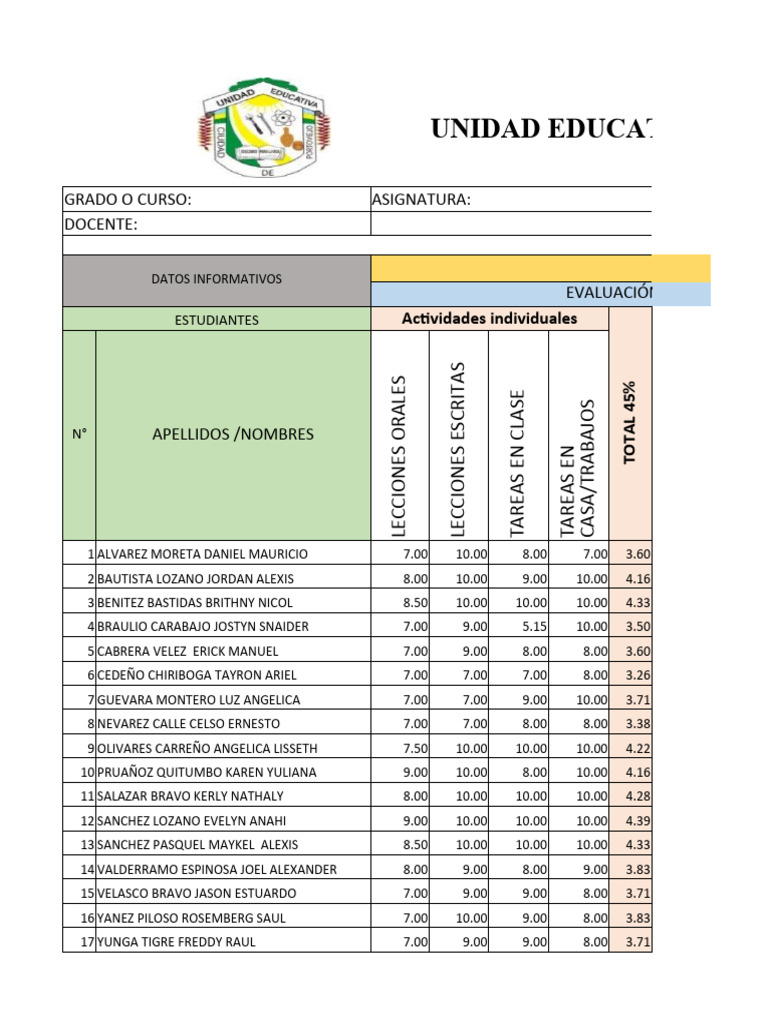 Cuadro de Notas 10mo (Colegio) 2023-2024 | PDF