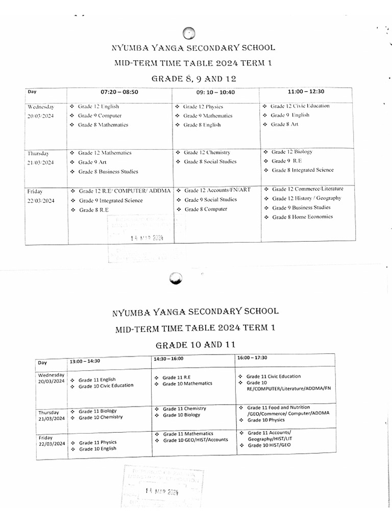 Mid Term Exams Timetable | PDF