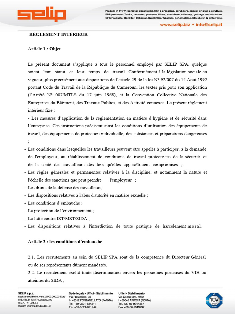 Règlement Intérieur de SELIP SPA | PDF | Sécurité | Hygiène