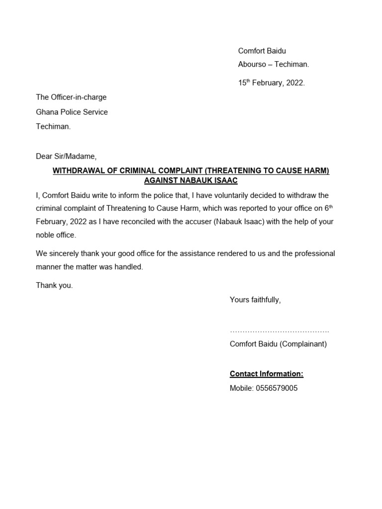 Withdrawal Letter (Assault) | PDF | Finance & Money Management
