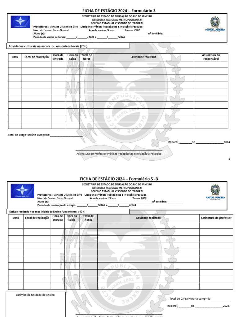Formularios 3 e 5 Fichas de Estágio 2º Ano Ens. Fund. Ed. Infantil e Ed ...