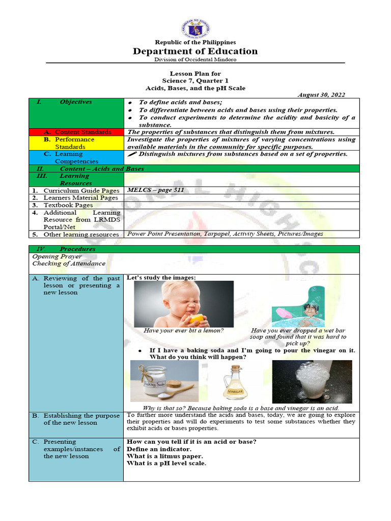 Lesson Plan in Science 7 Q1 | PDF | Ph | Acid