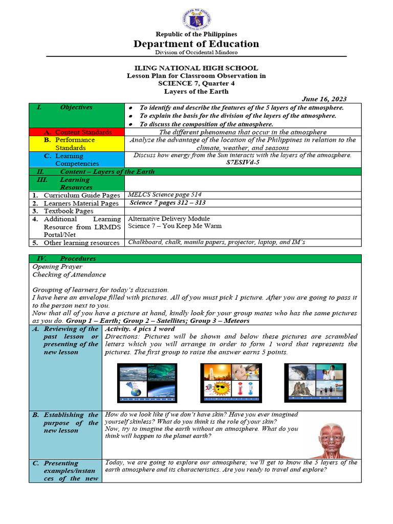 Lesson Plan in SCIENCE 7 Q4 | PDF | Atmosphere Of Earth | Atmosphere