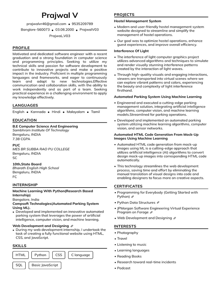 Prajwal - V - Resume - 09 08 2023 14 31 05 | PDF | Machine Learning | Computer Vision