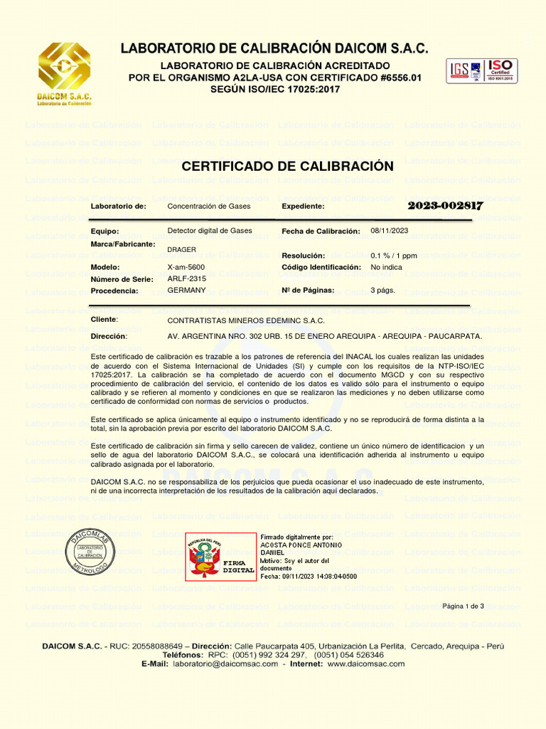 2023-002817 - FD - Certificado de Calibracion Detector de Gases DRAGER (R) | PDF | Incertidumbre ...