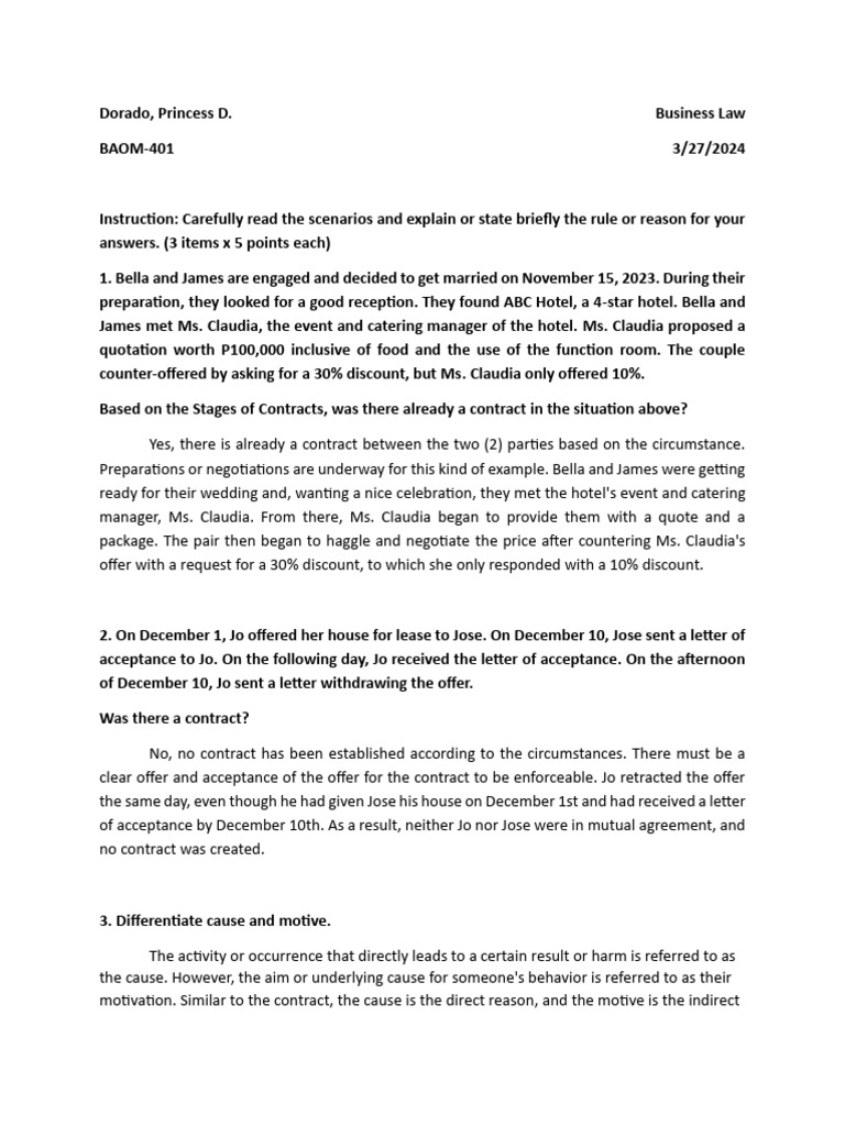 Business Law Contract Scenarios Explained | PDF | Social Psychology ...
