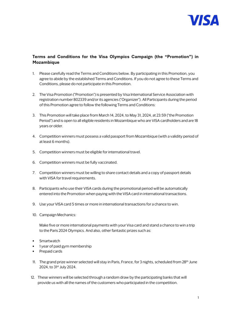 Visa Terms and Conditions For 2024 Olympics Mozambique | PDF | Visa Inc. | Banks