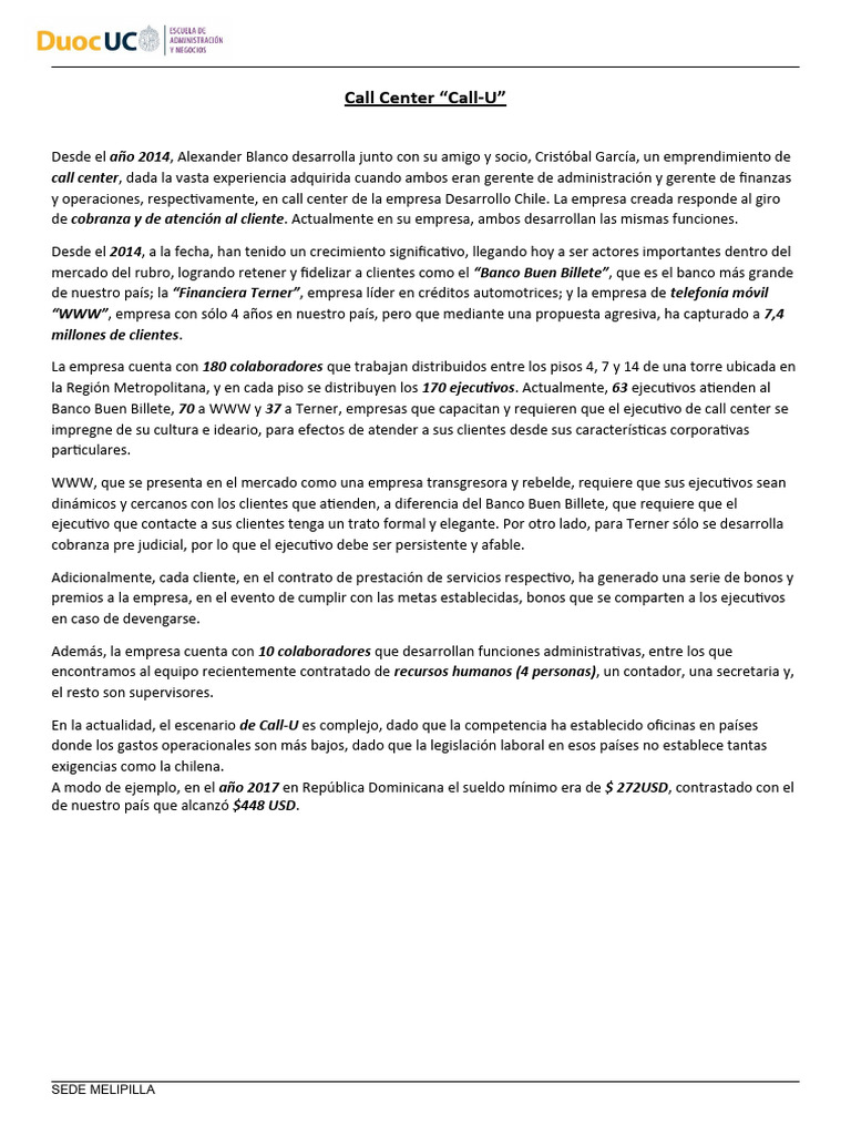 Caso Call Center Call-U | PDF | Centro de llamadas | Business