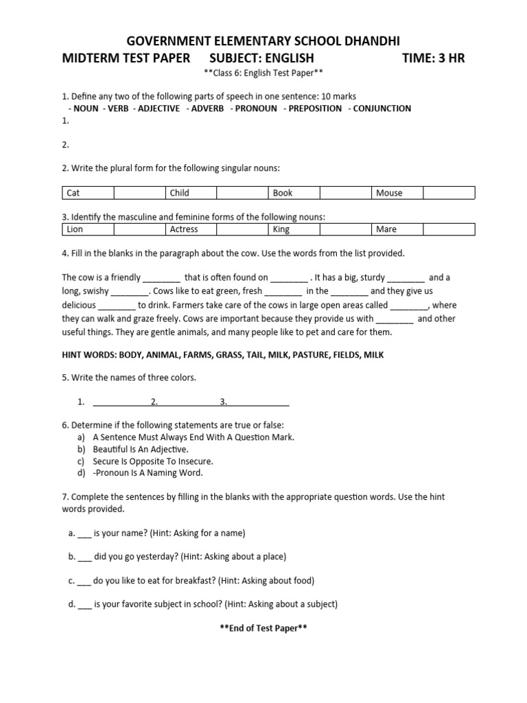 Question Paper | PDF | Part Of Speech | Noun