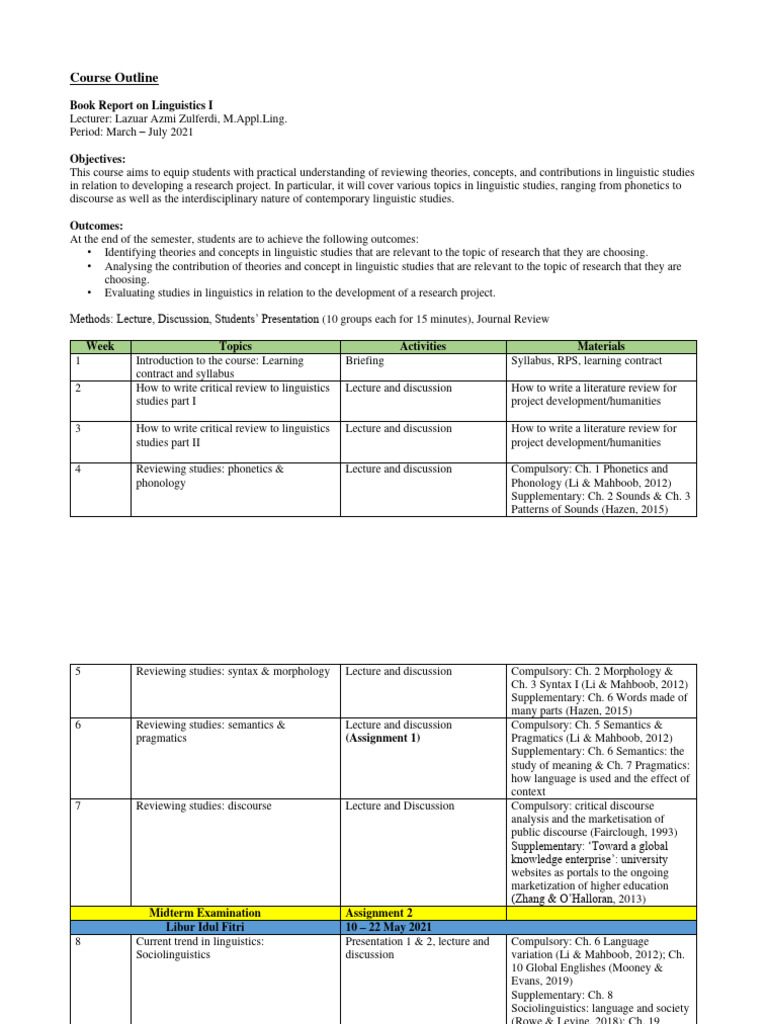 Course Outline - Book Report On Linguistics I - LAZ | PDF | Linguistics ...