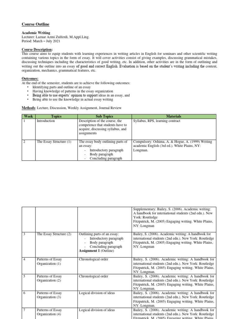 Course Outline - Academic Writing - LAZ | PDF | Essays | Writing