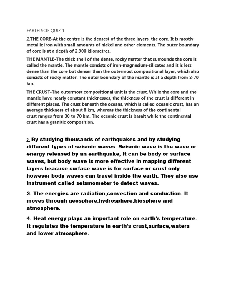 Earth Science Quiz: Layers and Energy | PDF