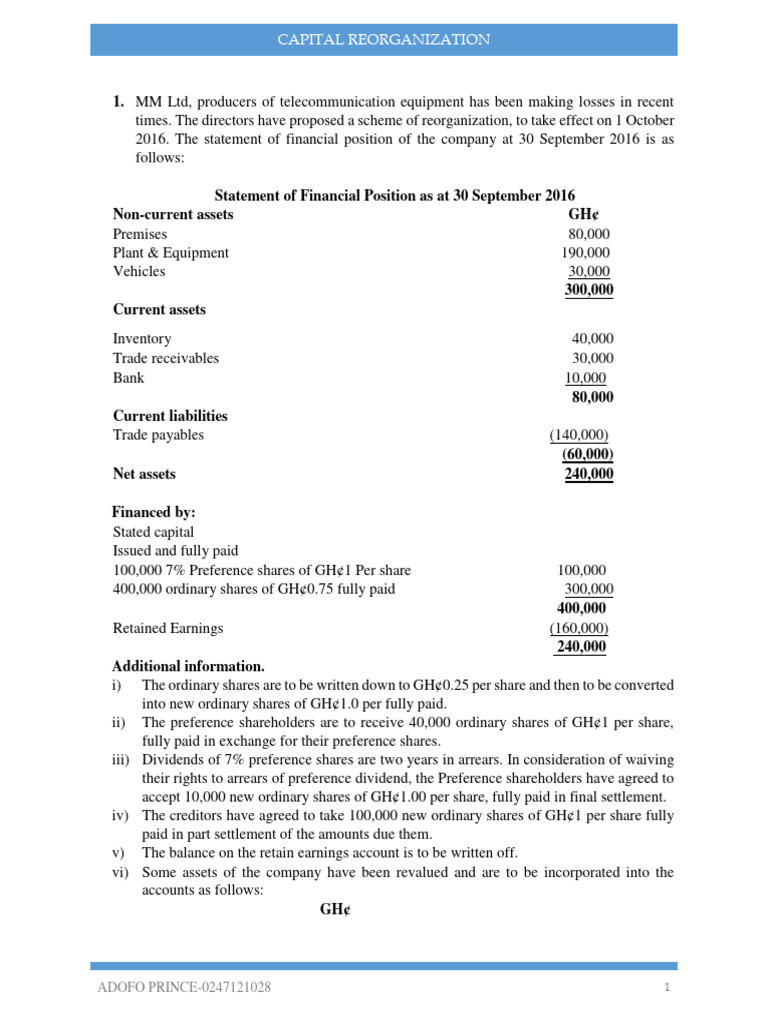 Capital Reorganization Questions | PDF | Balance Sheet | Financial Capital
