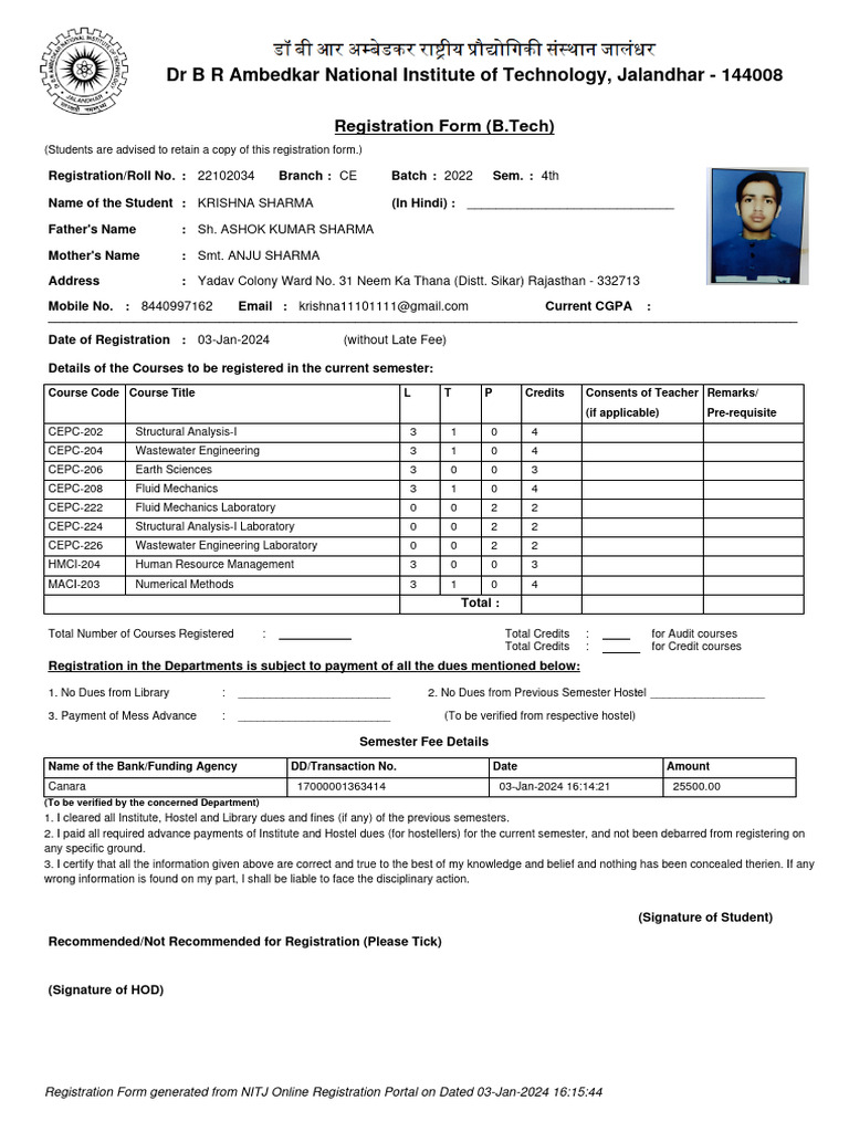 B.Tech Registration Form - NIT Jalandhar | PDF | Computers | Technology ...