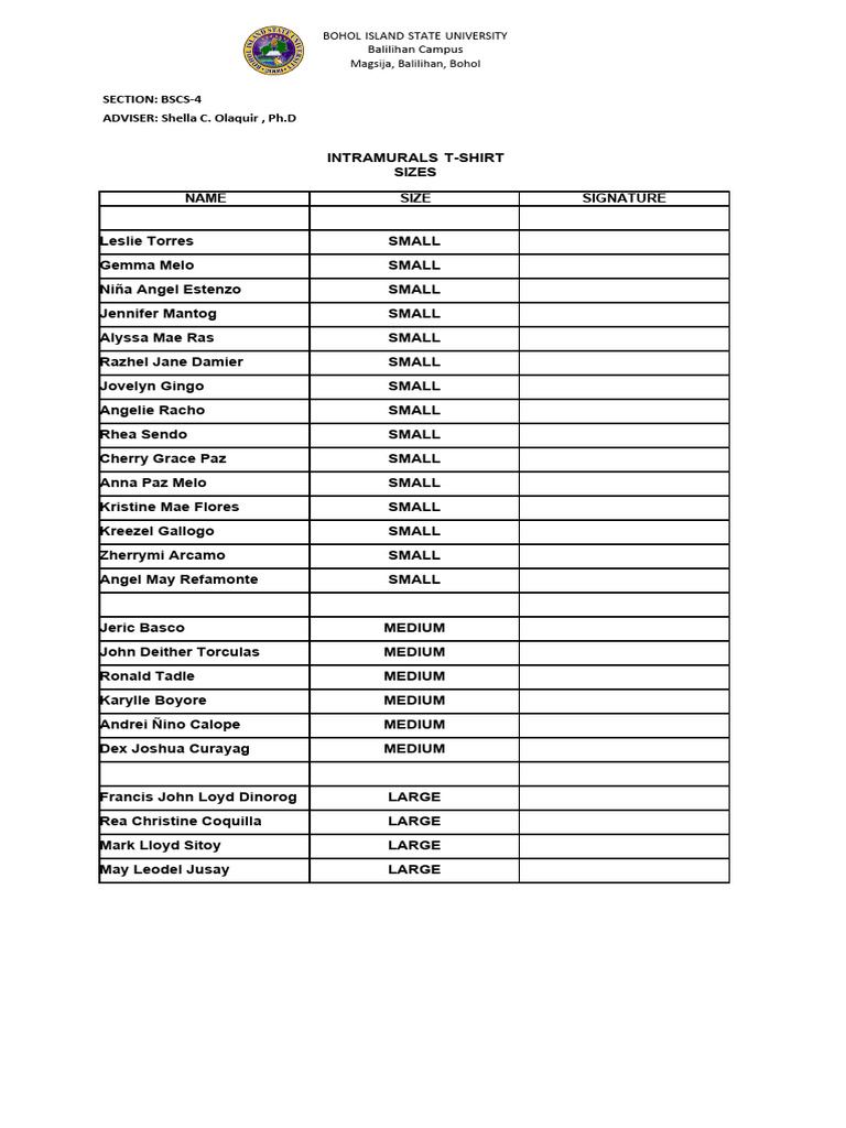 BSCS-4 Intrams Shirt Sizes | PDF