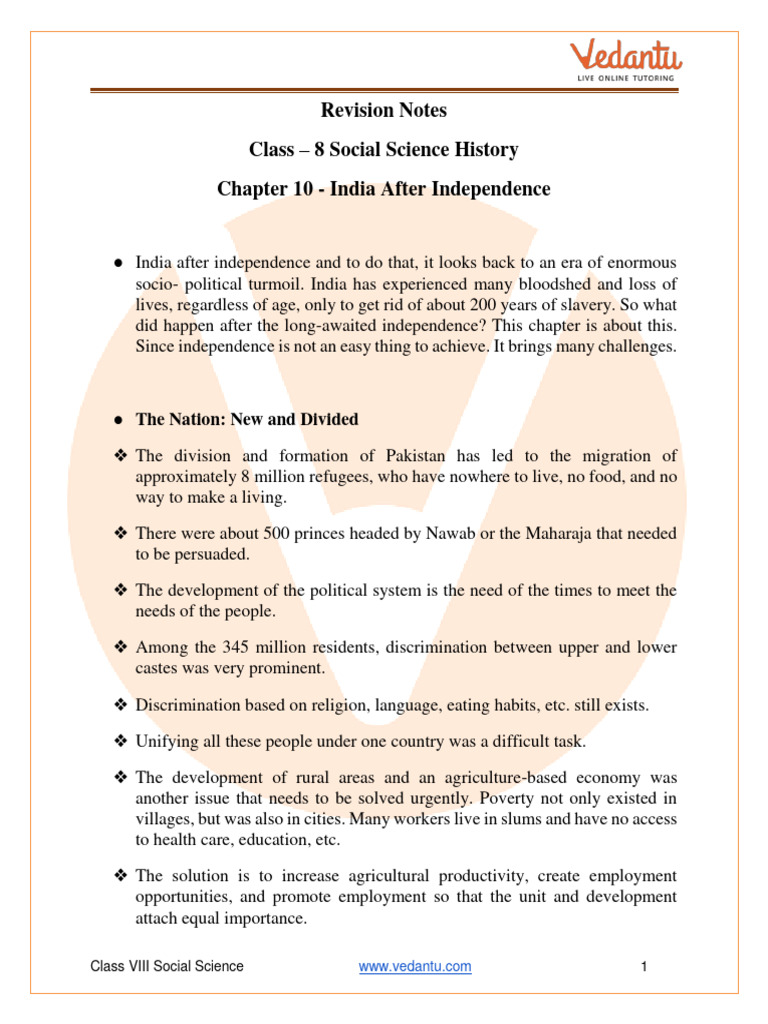India After Independence Class 8 Notes CBSE History Chapter 10 PDF | PDF