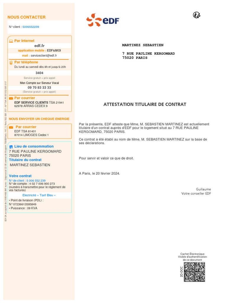 Attestation de contrat EDF 2024 | PDF | Télécommunications | Informatique