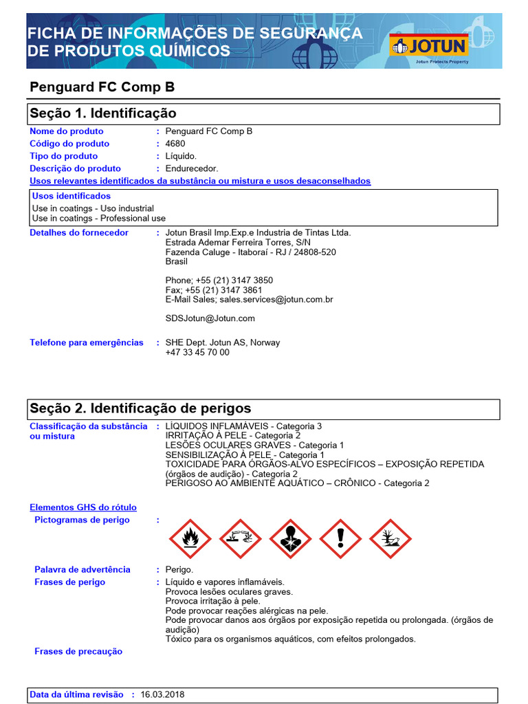 Ficha de Segurança: Penguard FC Comp B | PDF | Desperdício | Dor