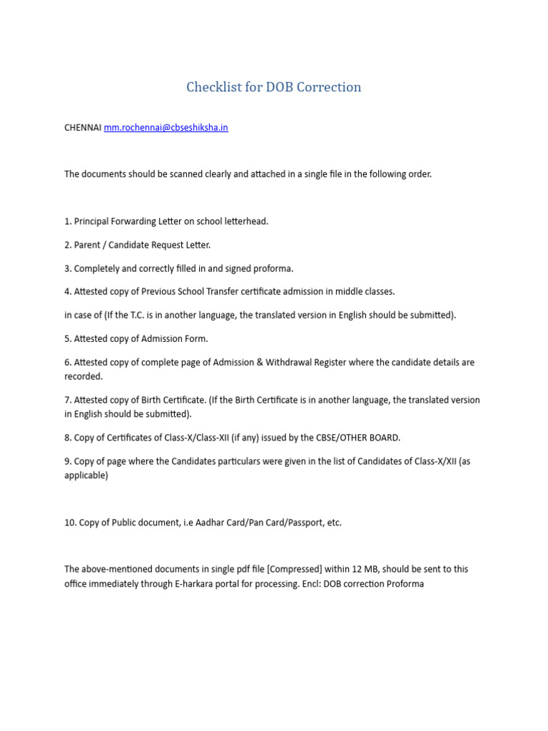DOB Correction Checklist for CBSE | PDF | Birth Certificate ...