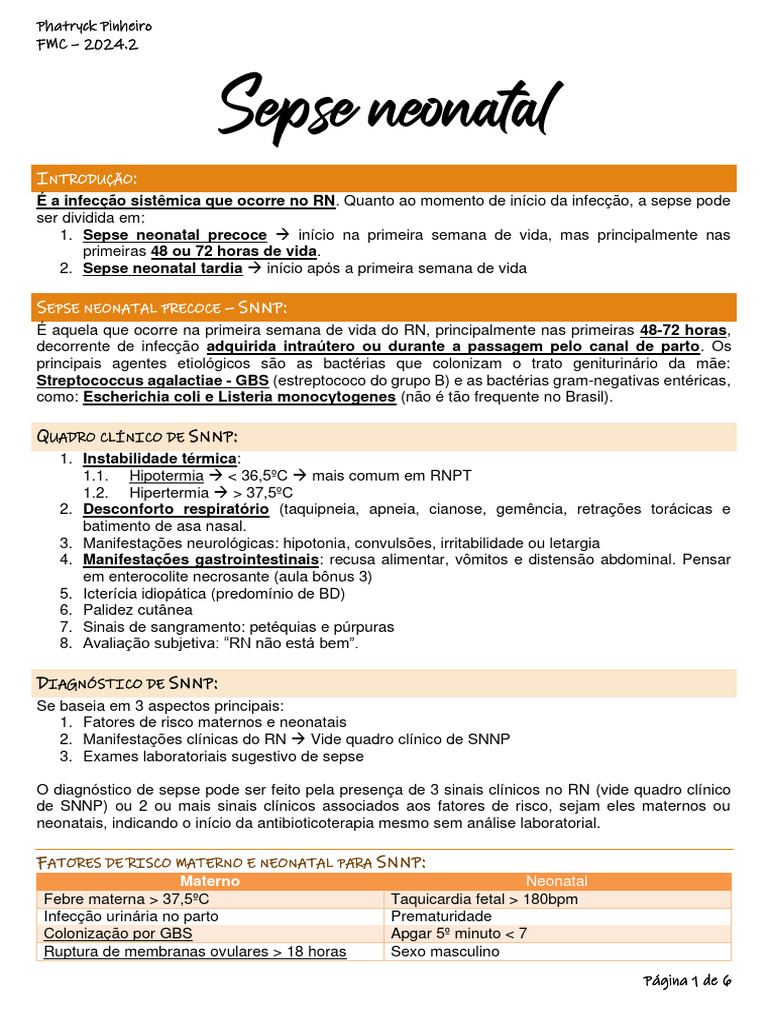 AULA 5 - SEPSE E PNEUMONIA NEONATAL | PDF | Sepse | Infecção do trato ...