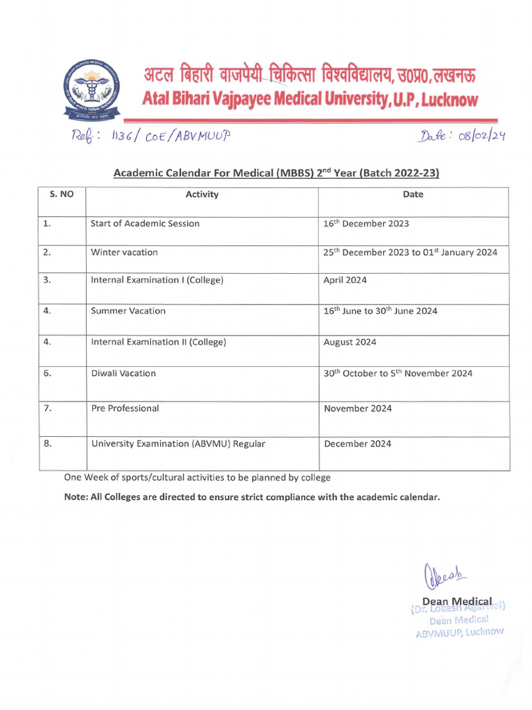 Mbbs 2nd Year Academic Calendar 2022-23 | PDF