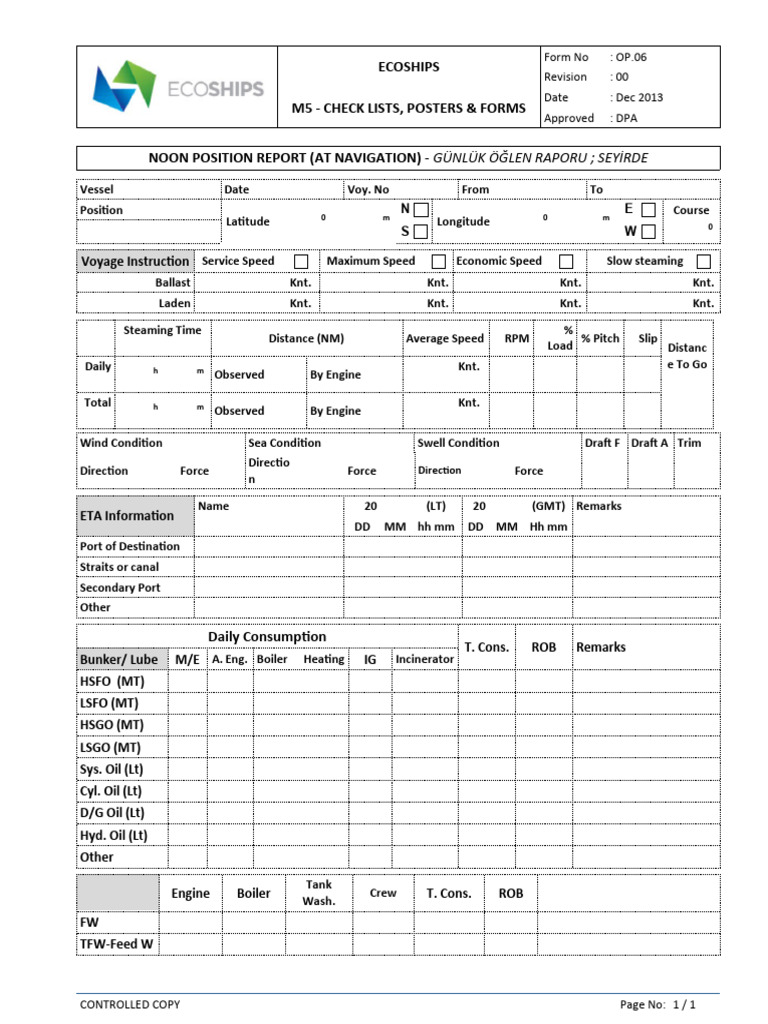 Noon Position Report Checklist | PDF | Freight Transport | Watercraft