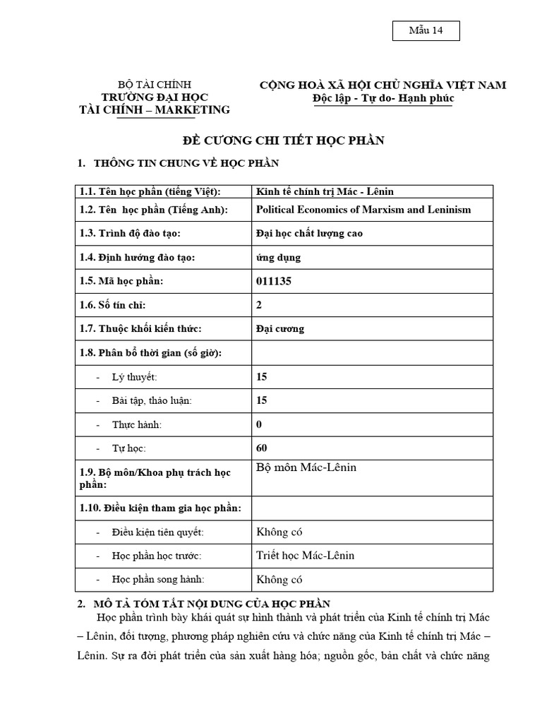 ĐỀ CƯƠNG CHI TIẾT KTCT - CT CLC - 2023 | PDF