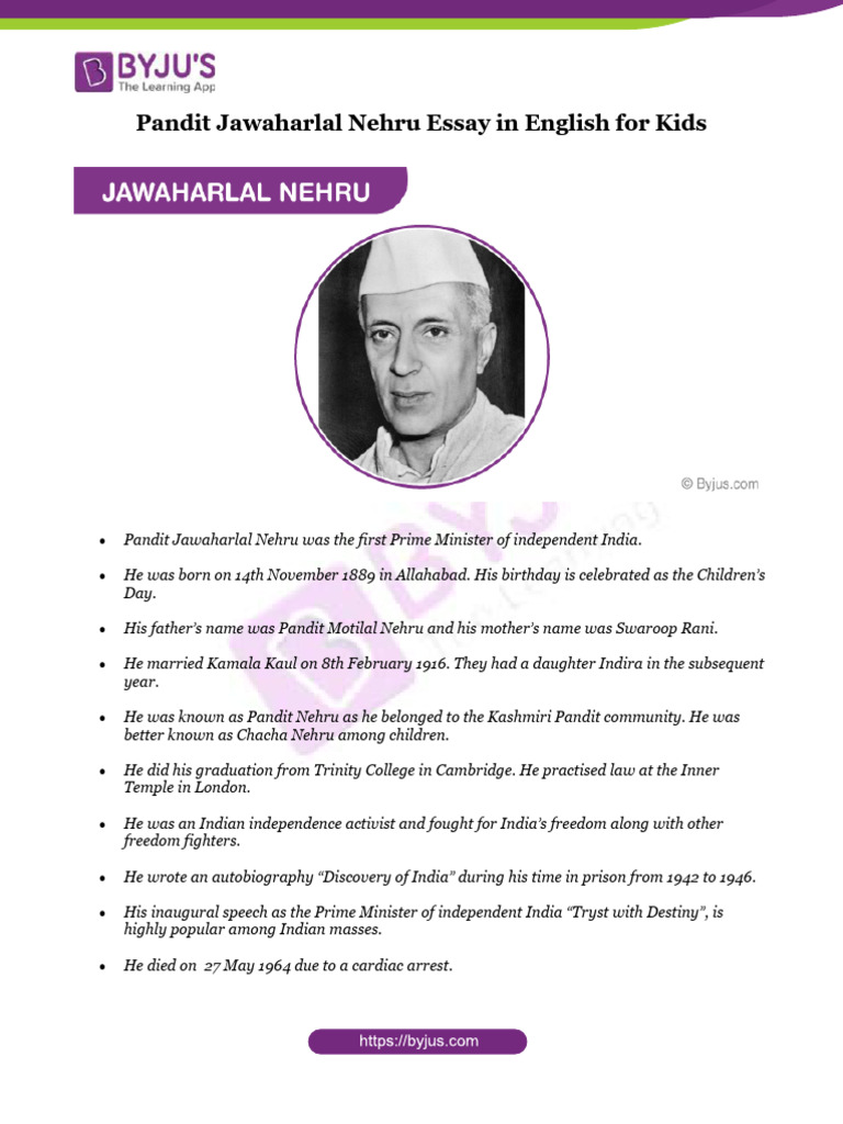 Pandit Jawaharlal Nehru Essay in English For Kids | PDF | History