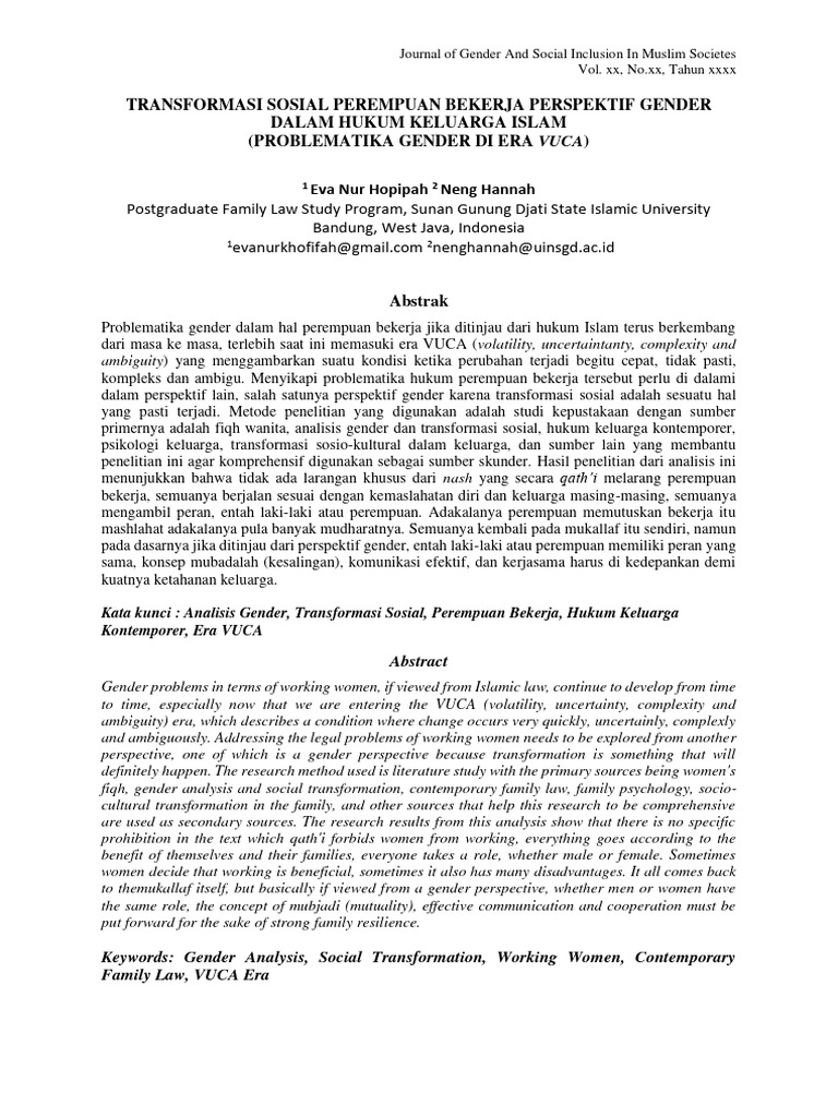 Transformasi Perempuan Bekerja Persepektif Gender Dalam Hukum Keluarga Islam (Problematika ...