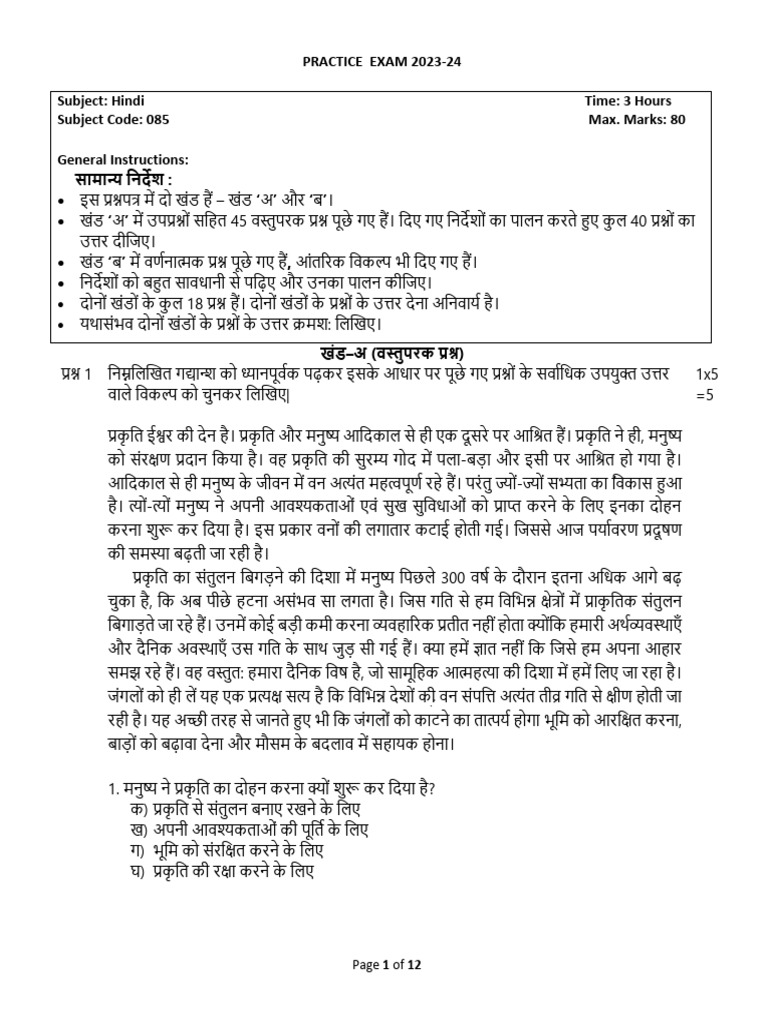 2023 - QP - Grade X Hindi - Practice Sheet | PDF