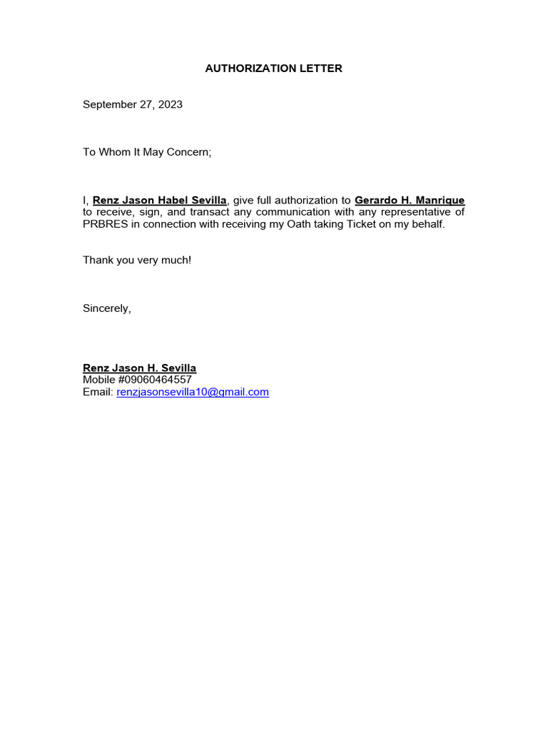 Authorization Letter For Oath Taking Ticket Renz Jason Sevilla | PDF
