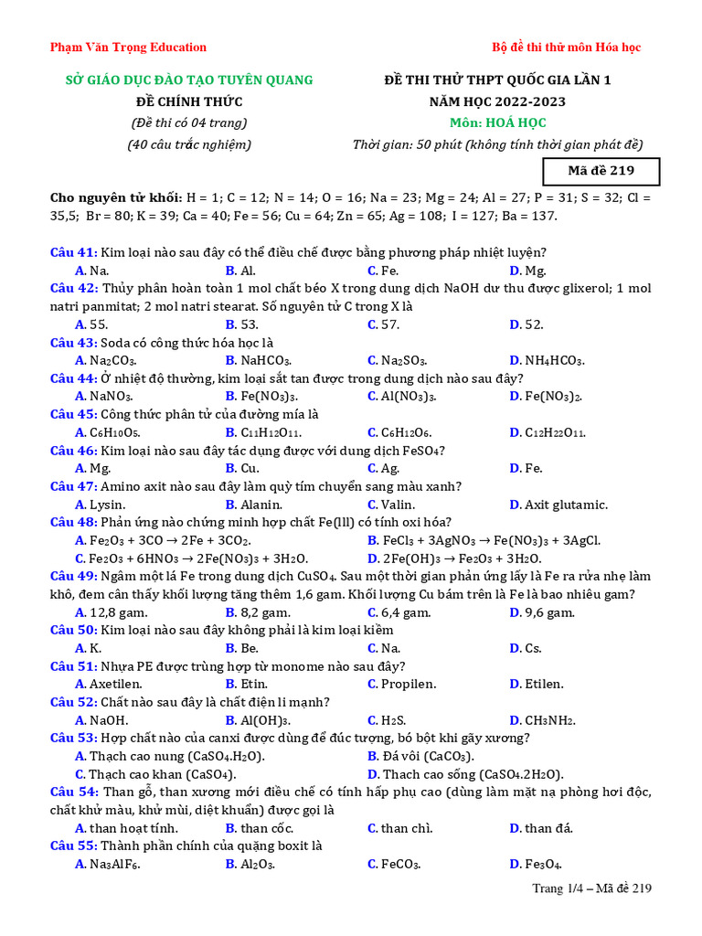 Đề Thi Thử - Sở GDĐT Tuyên Quang (Lần 1) - ĐỀ | PDF