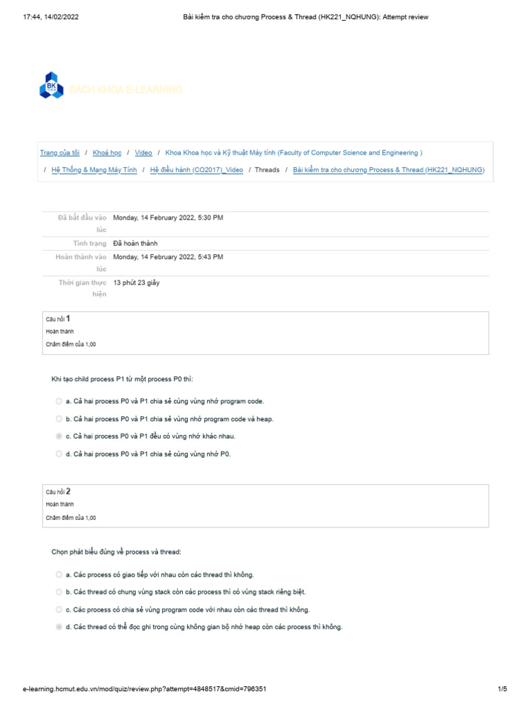 He Dieu Hanh Bai Kiem Tra Cho Chuong Process Thread (Hk221 Nqhung) Attempt Review ...