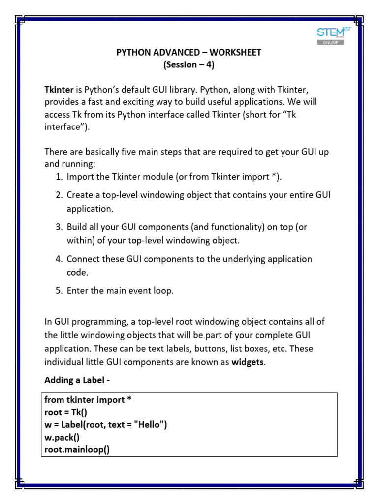 Session 4 Worksheet - Tkinter - 1 | PDF | Computing | Computer Science