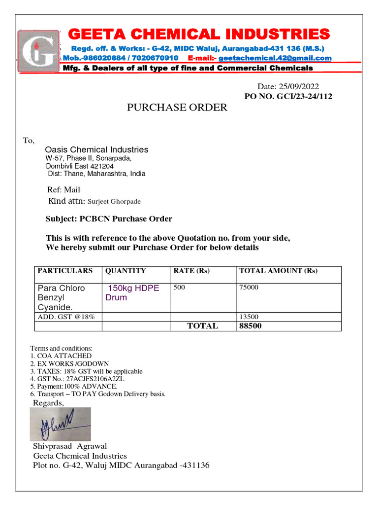 PCBCN Purchase Order from Geeta Chemicals | PDF