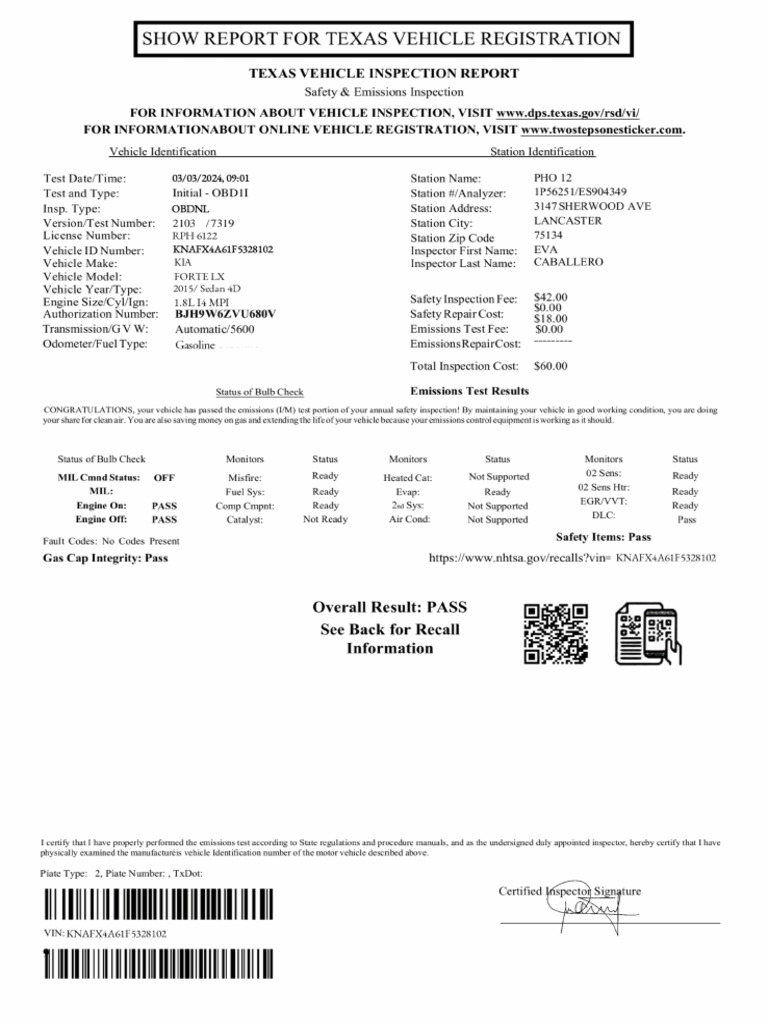 PASSED TEXAS VEHICLE INSPECTION | PDF