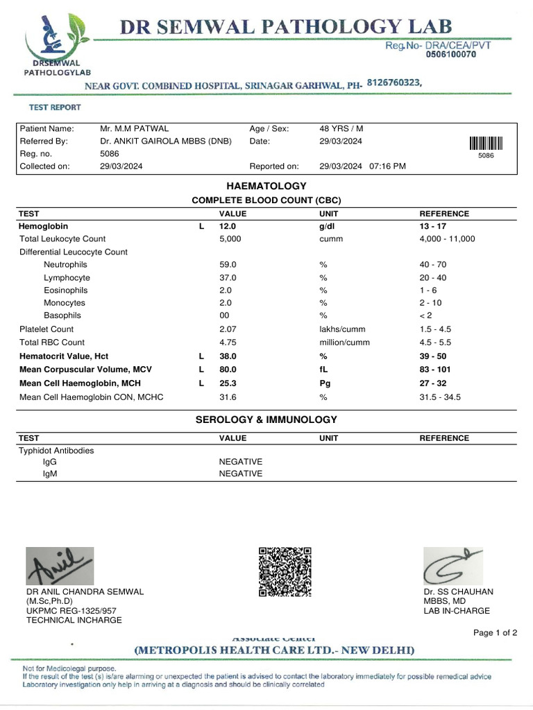 LabReport L43 Mr.M.MPATWAL48YRS M 29 03 202420240329 2 Lcpsi0 | PDF | White Blood Cell | Hematology