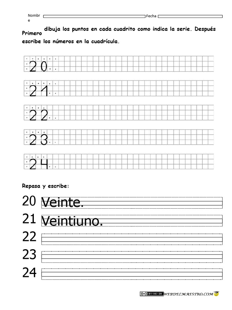 Escritura de Números Del 20 Al 24 | PDF | Métodos y materiales de enseñanza